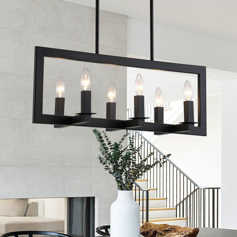 Gracie Oaks 6 - Light Open Frame Kitchen Island Black Rectangular Chandelier | Wayfair